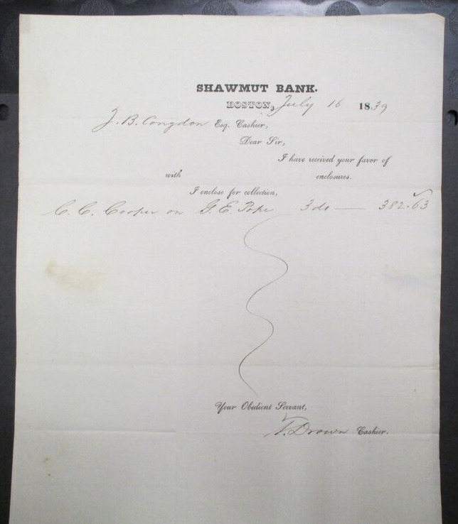 U.S.A. Stampless Envelope & Letter, Shawmut Bank, Boston, 1839, July 16 ...