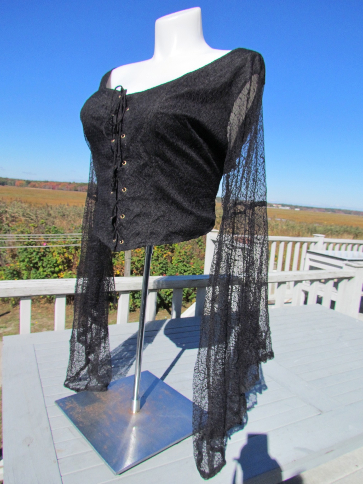 NEW M PYRAMID COLLECTION wench lace up bodice top bell sleeves black ...