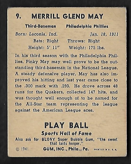 1941 PLAY BALL BASEBALL CARD #9 MERRILL PINKY MAY VG | eBay