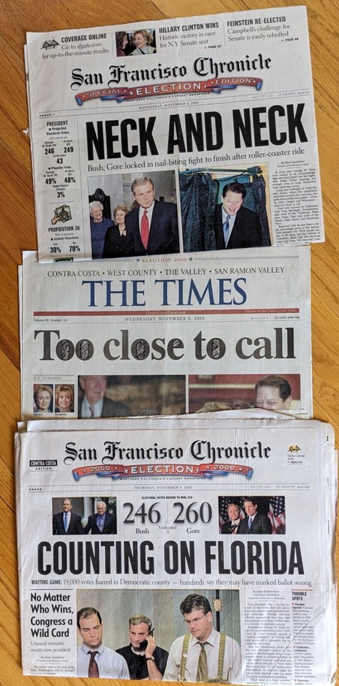 8 Newspapers George W Bush VS Al Gore, Florida, Neck and Neck, Hanging ...