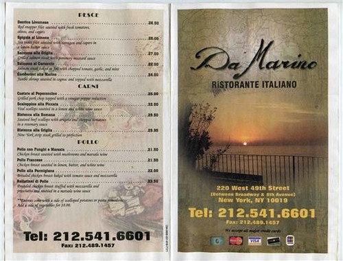 Da Marino Ristorante Italiano Menu W 49th St New York | eBay