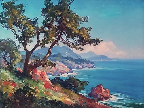 Marius Robert Tableau huile sur toile signé Marine Les roches rouges l ...