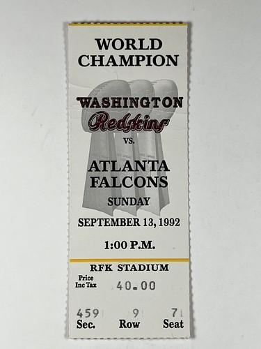 9-13-1992 Atlanta Falcons @ Washington Redskins Ticket - Deion Sanders ...