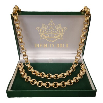 Mens 9ct Gold GF 12mm Diamond Cut Belcher Set 9" 26" Patterned Belcher ...