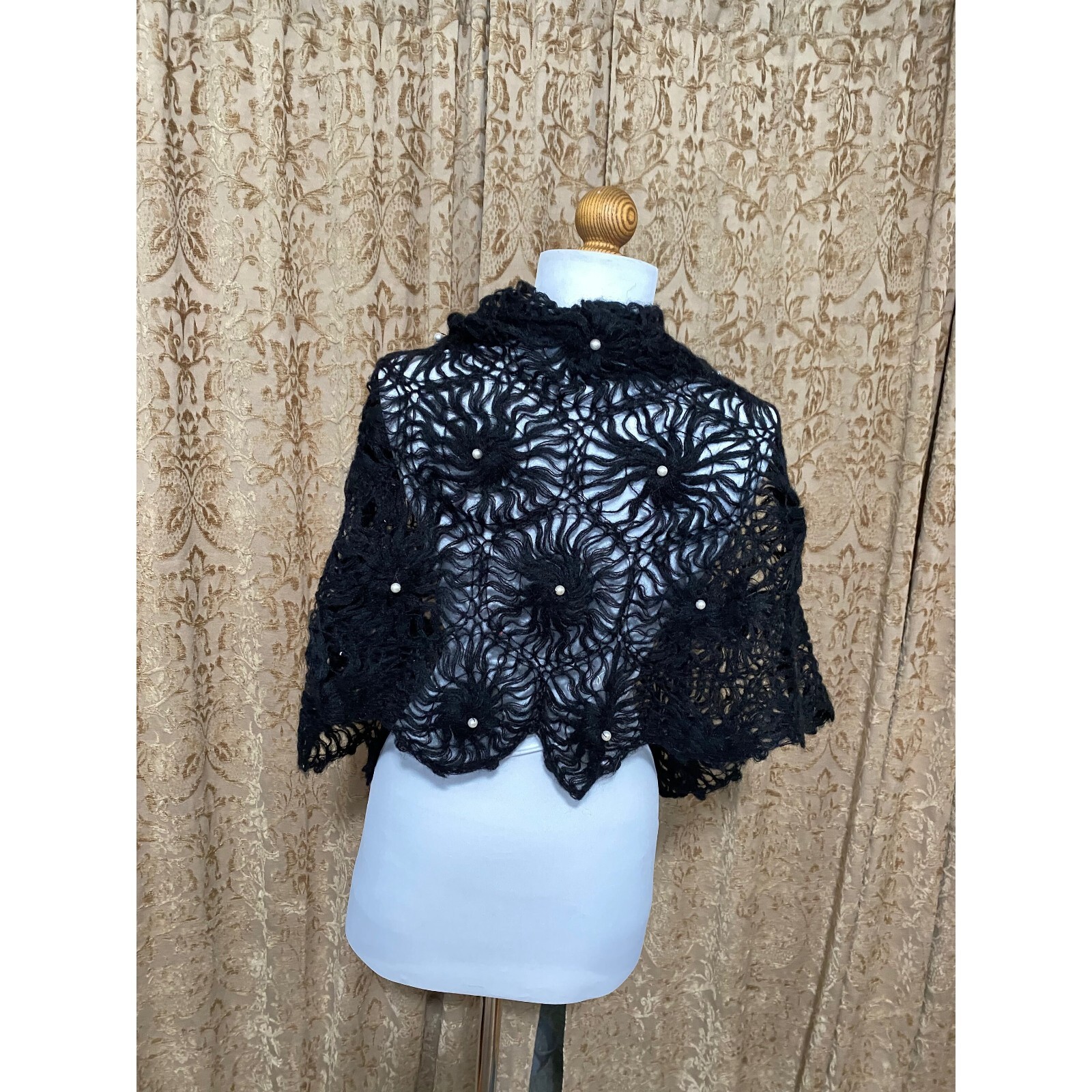 Black Shawl, Spider Web Shawl, Crochet Wrap with Pear… - Gem