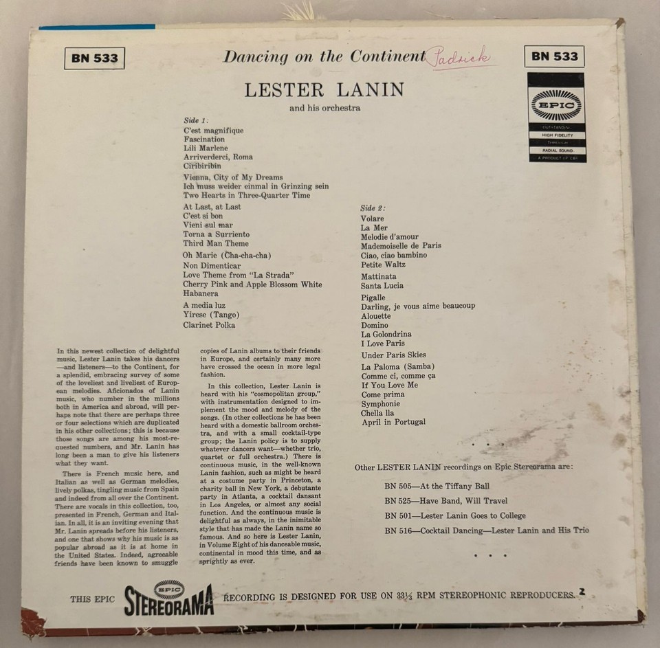 LESTER LANIN AND HIS ORCHESTRA – DANCING ON THE CONTINENT - VINYL LP VG ...