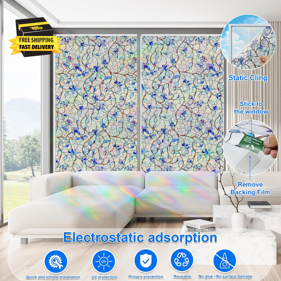 Window Privacy Film Stained Glass Decorative Static Clings Rainbow ...