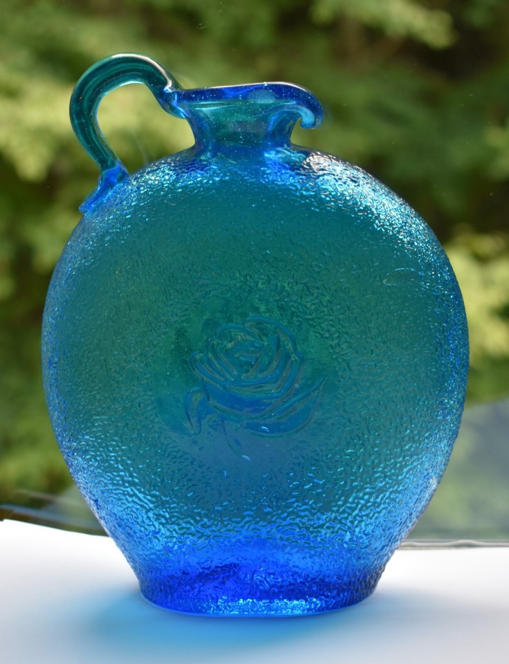 Blue Glass Pitcher Decanter Blown Iridescent Embossed Rose Textured ...