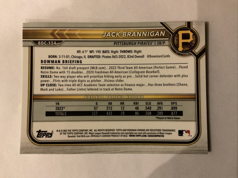 2022 Bowman Chrome Draft JACK BRANNIGAN 1st Bowman Pittsburgh PIRATES # ...