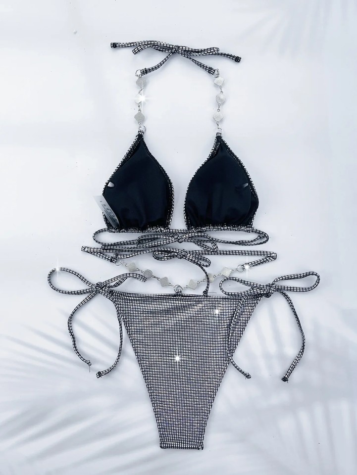 Womens Triangle Side String Bikini Swimwear Glitter Swimsuit Bling ...