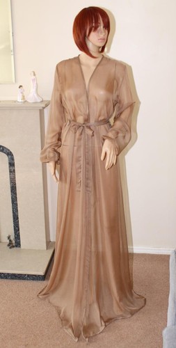 SEXY VINTAGE GOLD SHEER SILK CHIFFON PEIGNOIR NEGLIGEE DRESSING GOWN ...