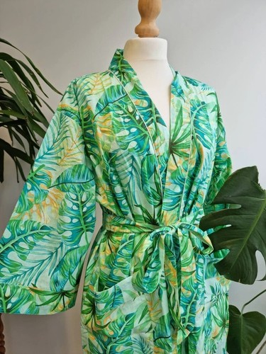 Indian Cotton Maxi Gown Green Leaf Tree Print Long Kimono Robes Night ...
