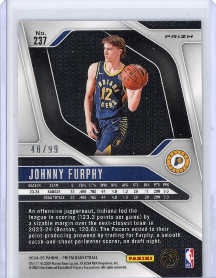 Johnny Furphy 2024-25 Panini Prizm Purple /99 #237 Rookie RC Pacers | eBay