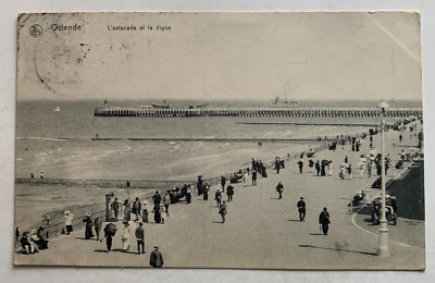 1913 Belgium Postcard Ostend Ostende Pier and Dyke waterfront crowd ...