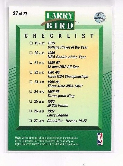 1992-93 UPPER DECK BASKETBALL HEROES INSERT LARRY BIRD #27 OF 27 ...