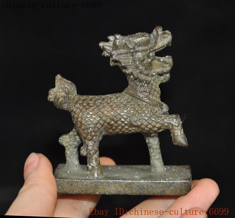 2'' dynasty bronze Kirin Unicorn Kylin Chi-lin Qilin dragon Head Beast ...