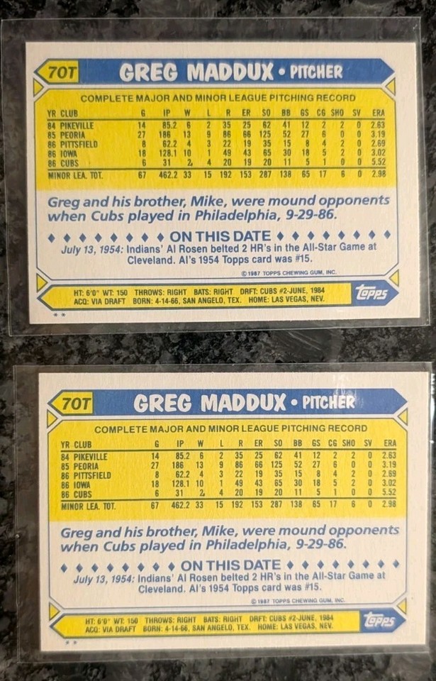 (2) 1987 Topps Traded Rookie Greg Maddux #70T Chicago Cubs/Atlanta ...