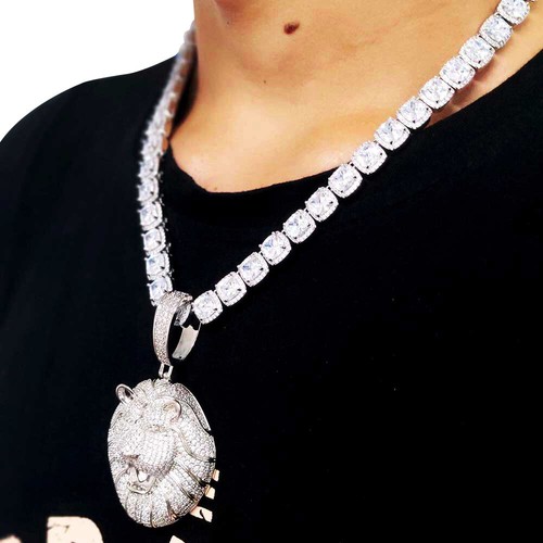 Mens Full Iced CZ Out Lion Head Pendant Necklace Silver Plated Pendant ...