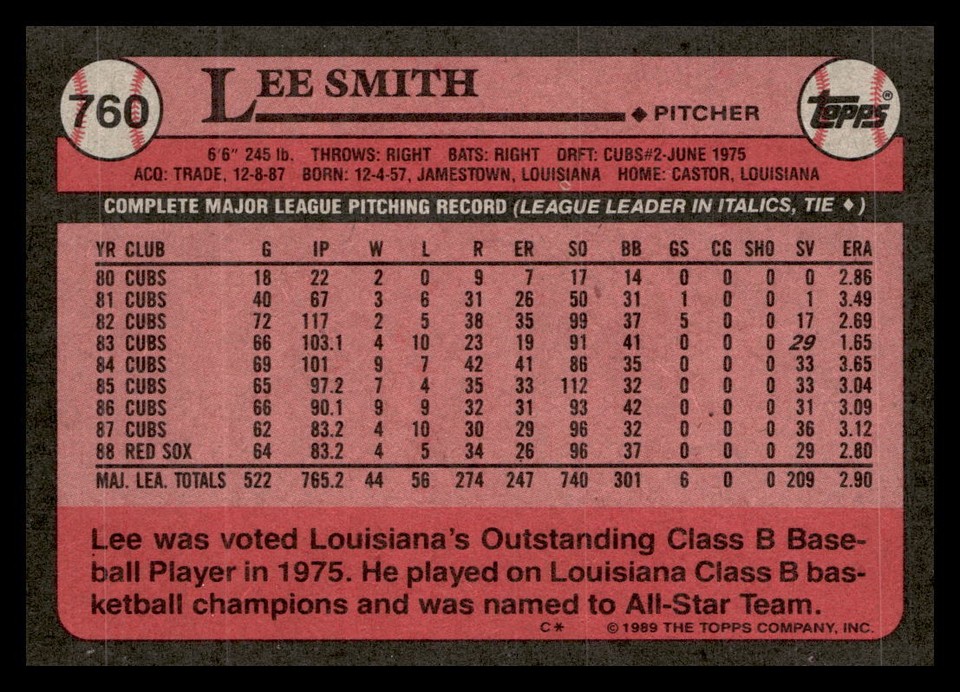 1989 Topps #760 Lee Smith Boston Red Sox Baseball Card | eBay