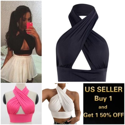 Womens Strappy Cross Over Front Cut Out Halter Neck Sleeveless Backless ...