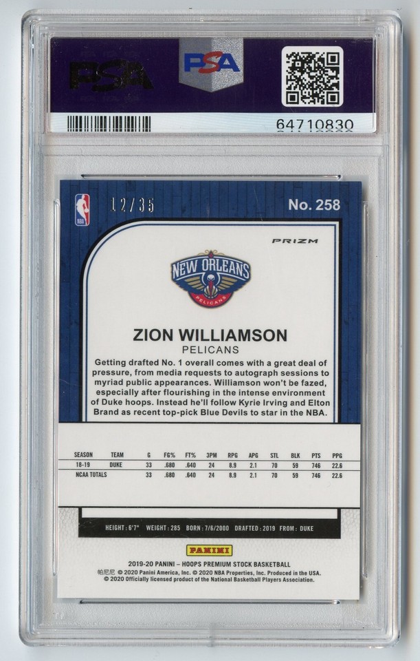 G667 ZION WILLIAMSON RC 2019-20 HOOPS PREMIUM STOCK PURPLE FLASH 12/35 ...