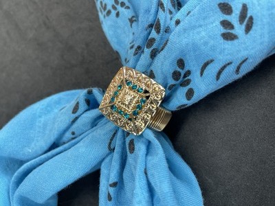 Gold color & Turquoise Blue Rhinestones Scarf Slide Stretch Ring Cowboy ...