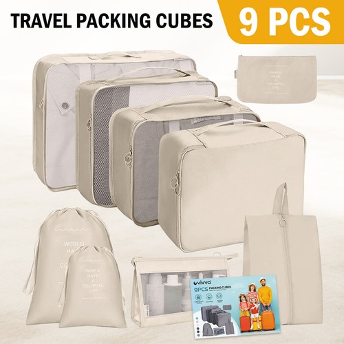 9PCS Packing Cubes Travel Pouches Luggage Organiser Clothes Storage Bag ...