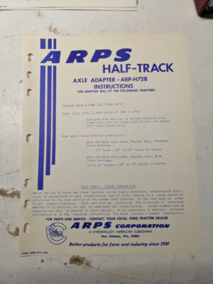 ARPS HALF-TRACK AXLE ADAPTER INSTRUCTIONS PART LIST ARP-H72B FORDSON ...