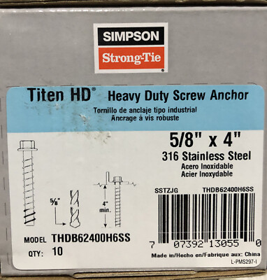Simpson Strong-Tie THDB62400H6SS Titen HD Screw Anchor 316 Stainless 5/ ...