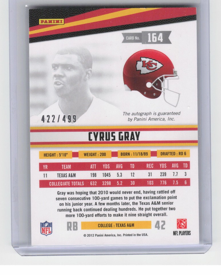 2012 Panini Rookies & Stars #164 Cyrus Gray Autographs #/499 | eBay