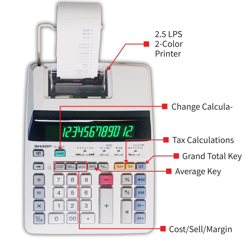 Sharp EL-1801V Ink Printing Calculator, Fluorescent Display, AC, Off ...