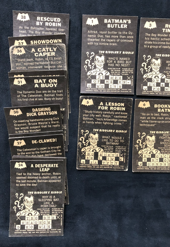 1966 BATMAN THE RIDDLER'S RIDDLE BACK CARDS 20 TH CENTURY FOX 34/38 ...