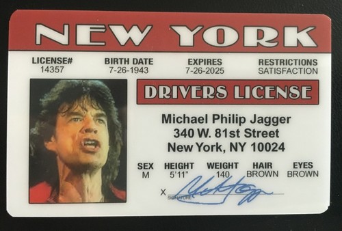 Mick Jagger Drivers License The Rolling Stones Novelty ID Card Rock New ...