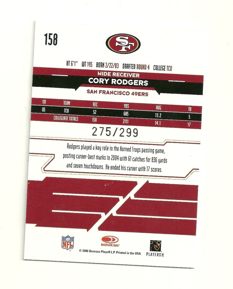 2006 Leaf Rookies and Stars Gold #158 Cory Rodgers /299 Packers 49ers ...