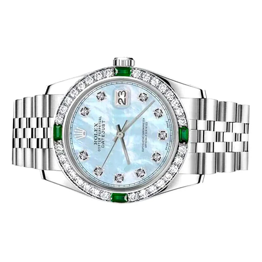 31 Rolex Datejust Baby Blue Mother Of Pearl Dial Diamond & Emerald ...