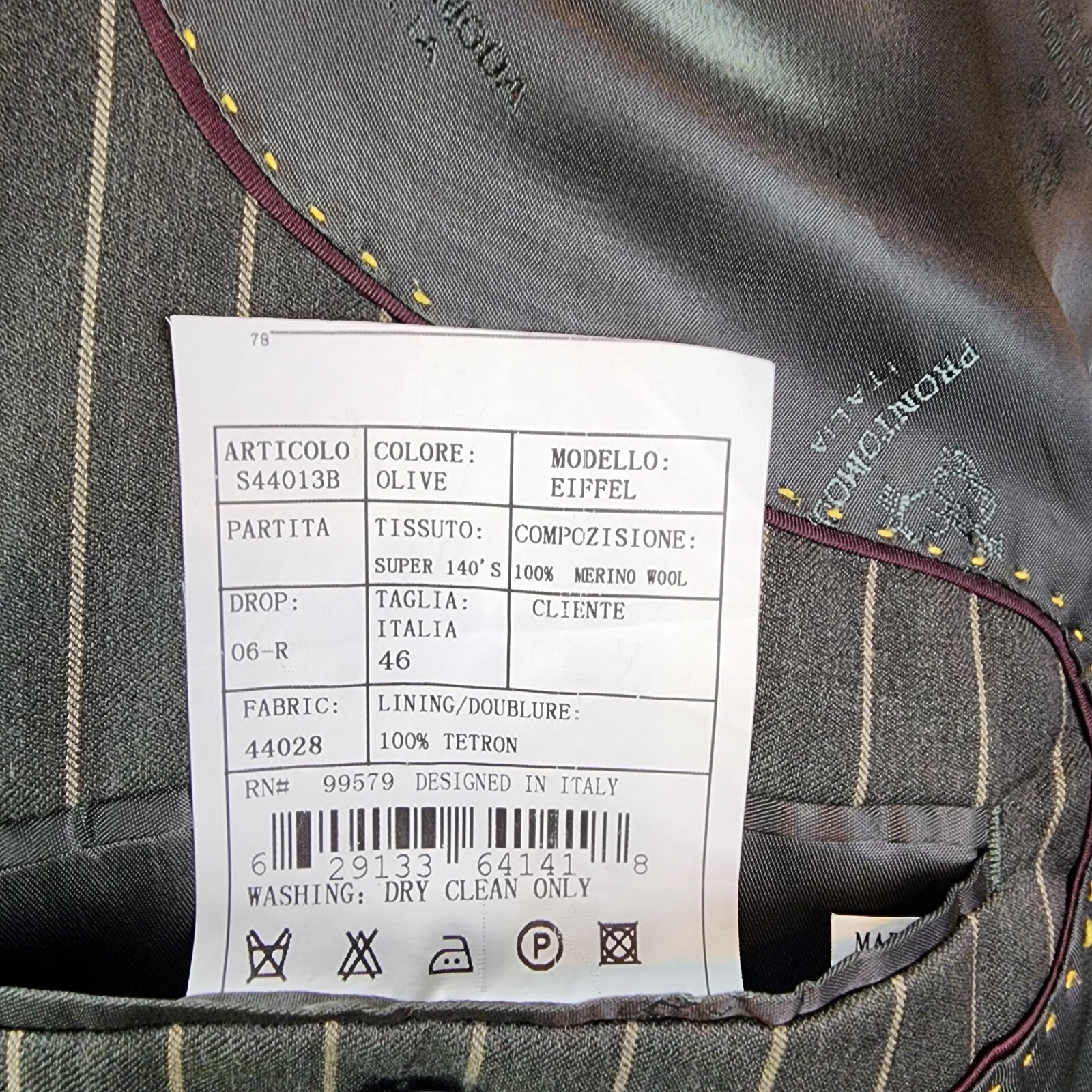 Pronto Moda Italia Men's Suit Olive Green 46R Super 140s Merino Wool ...