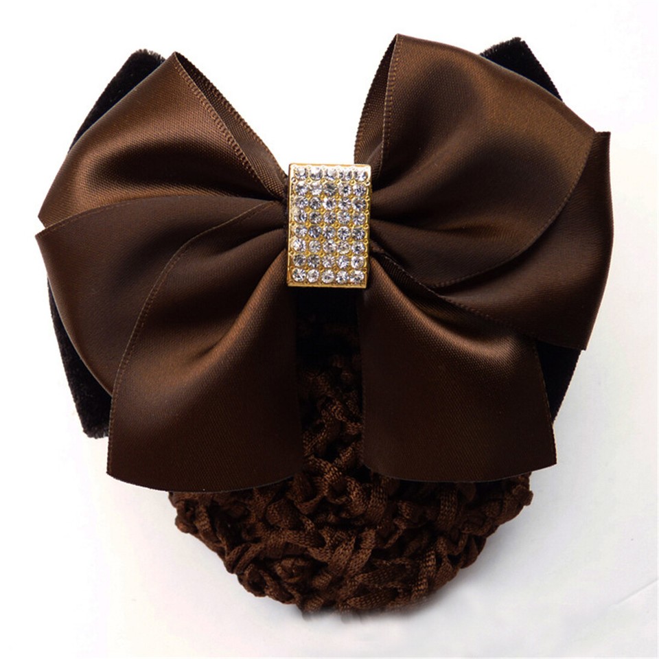 Satin Bow Lady Cover Bowknot Net Bun Snood Rhinestone Barrette Hair ...