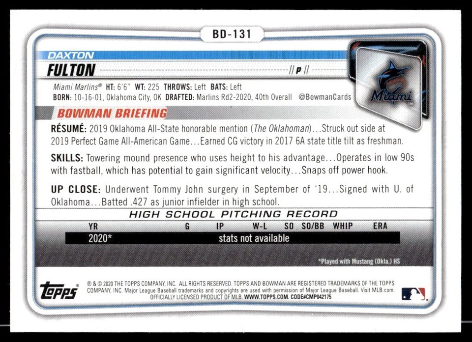2020 Bowman Draft Daxton Fulton G83 Miami Marlins #BD-131 | eBay