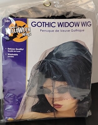 Gothic Widow Wig Vampire Black Veil Mourning Halloween Adult Costume ...