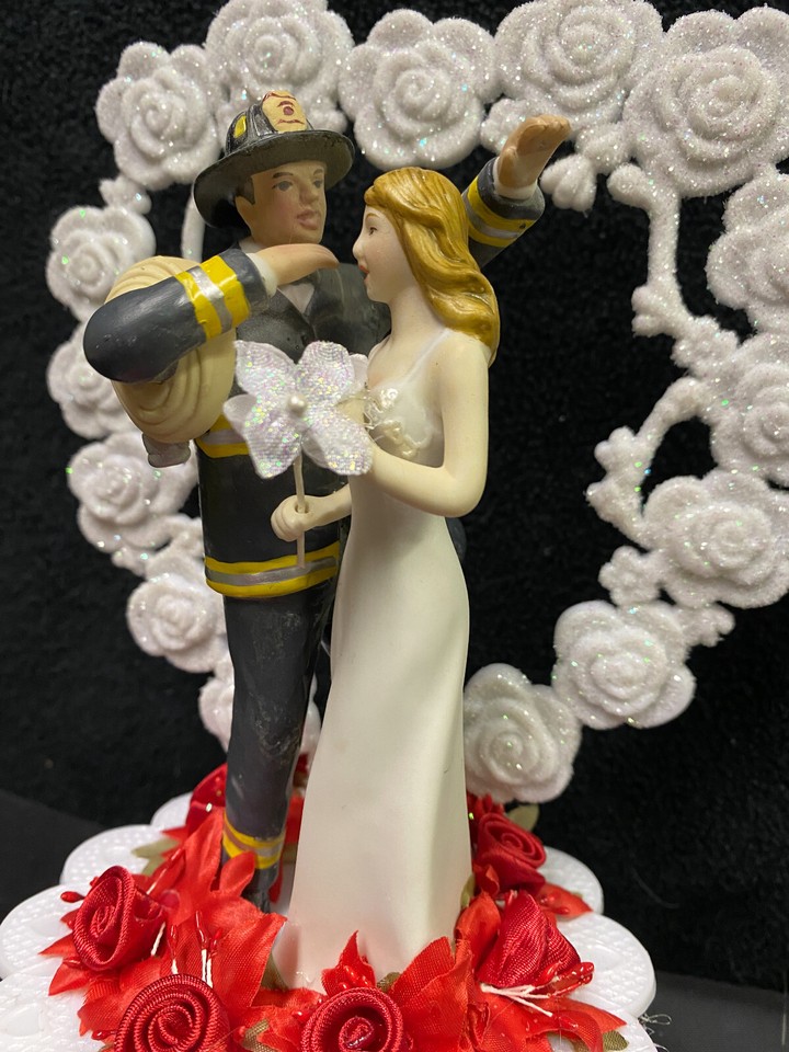 Fire Fighter Wedding cake topper Groom top Bride Hero Fireman heart or ...