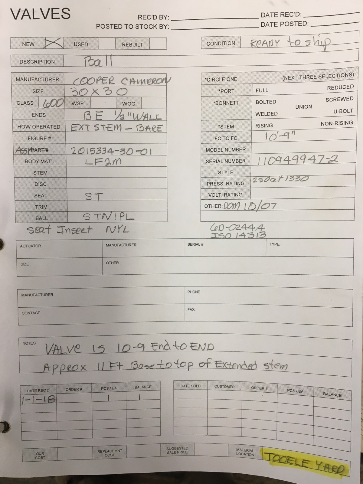 Cameron T31 Ball Valve 30" 600 Beveled End W/ Pup Joints and Gear Ext ...