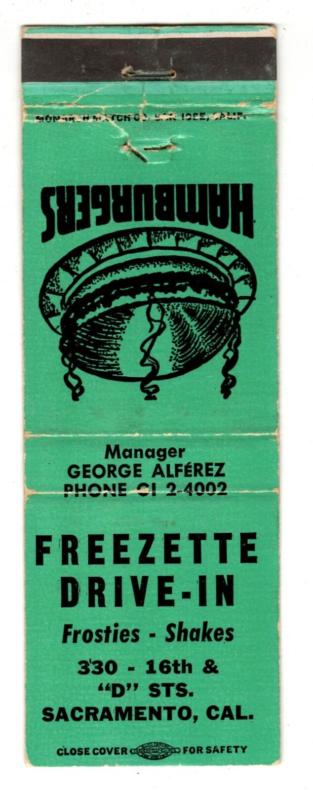 FREEZETTE DRIVE-IN matchbook matchcover - SACRAMENTO, CALIFORNIA | eBay