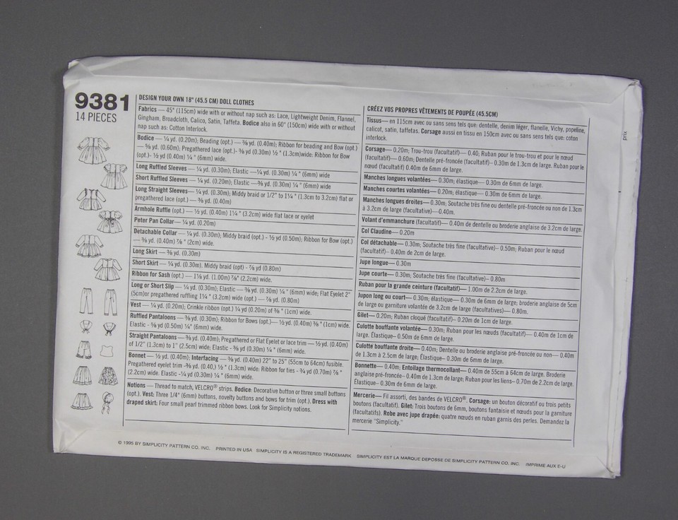 Simplicity 9381 Craft Pattern Doll 18” Clothes Uncut | eBay