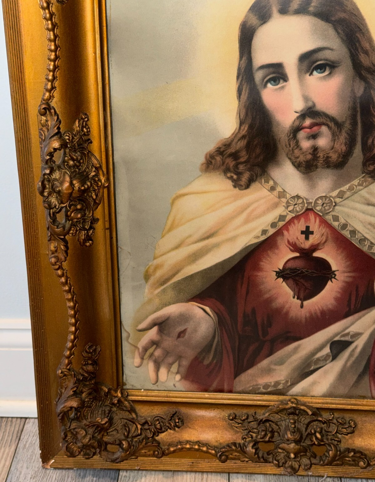 GORGEOUS ANTIQUE 1800's NUNS CONVENT FRAMED SACRED HEART JESUS 27" x 23 ...