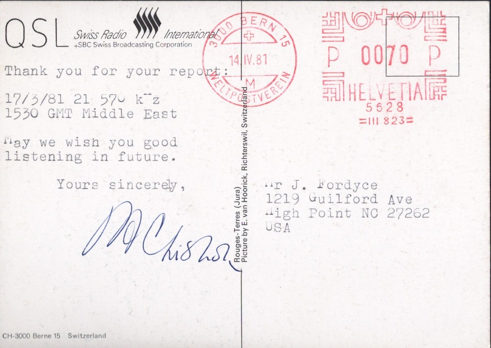 QSL SRI Middle East 21570 kHz Swiss Radio International Shortwave DX ...