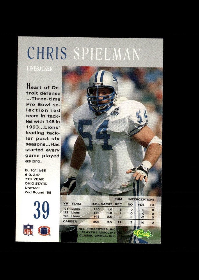 Chris Spielman 1994 Pro Line Live Football #39 Detroit Lions | eBay