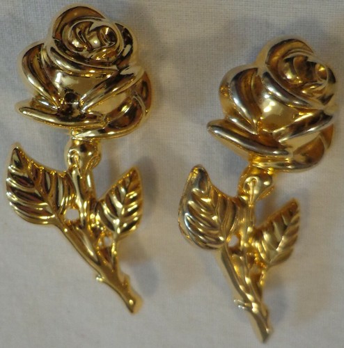 VINTAGE LONG STEM ROSEBUD ROSE BROOCH SCATTER PIN PAIR MOLDED GOLD TONE ...