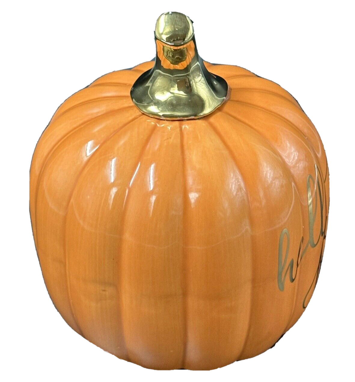 Hello Fall Orange Ceramic Pumpkin with Gold Stem 8 Inches High ...