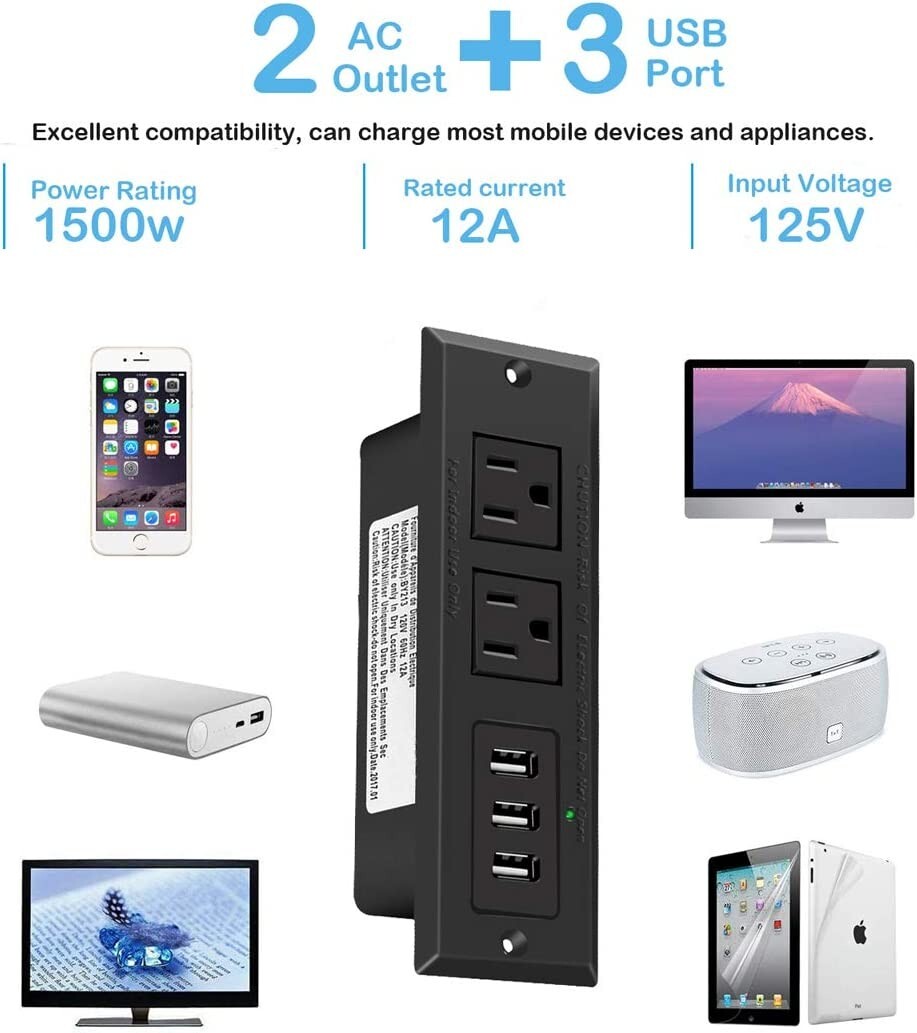 Conference Recessed Power Strip Socket 6.5Ft Cord, Desktop 2-Outlet & 3 ...