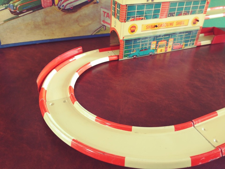 1950's US Zone JH Johann Hofler Tin Wind-up SHELL Racer Track w/ Or ...